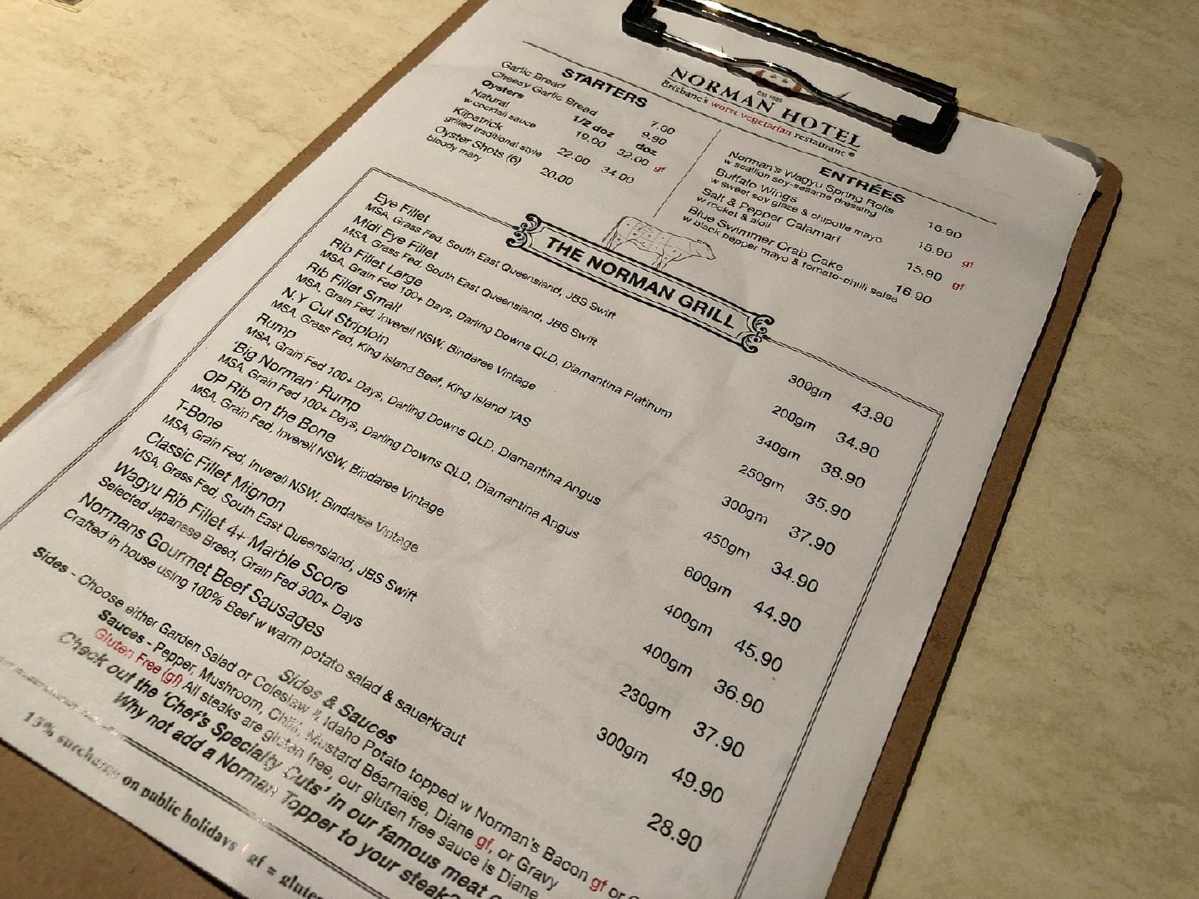 Menu at Norman Hotel pub & bar, Woolloongabba