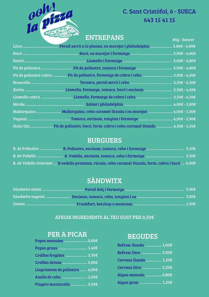 Menu at Ooh! La pizza pizzeria, Sueca