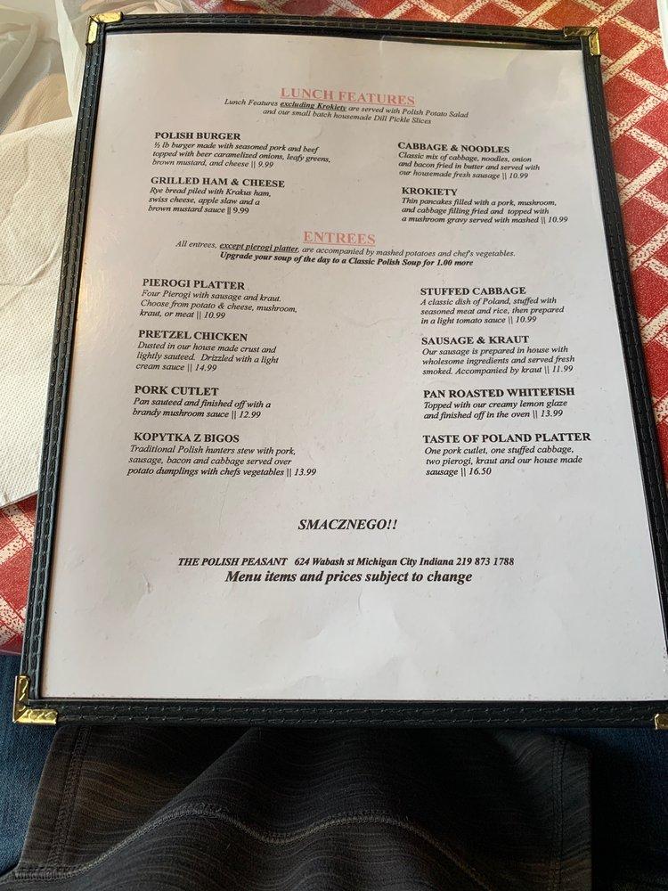 Menu at Kolasa’s Polish Peasant restaurant, Michigan City