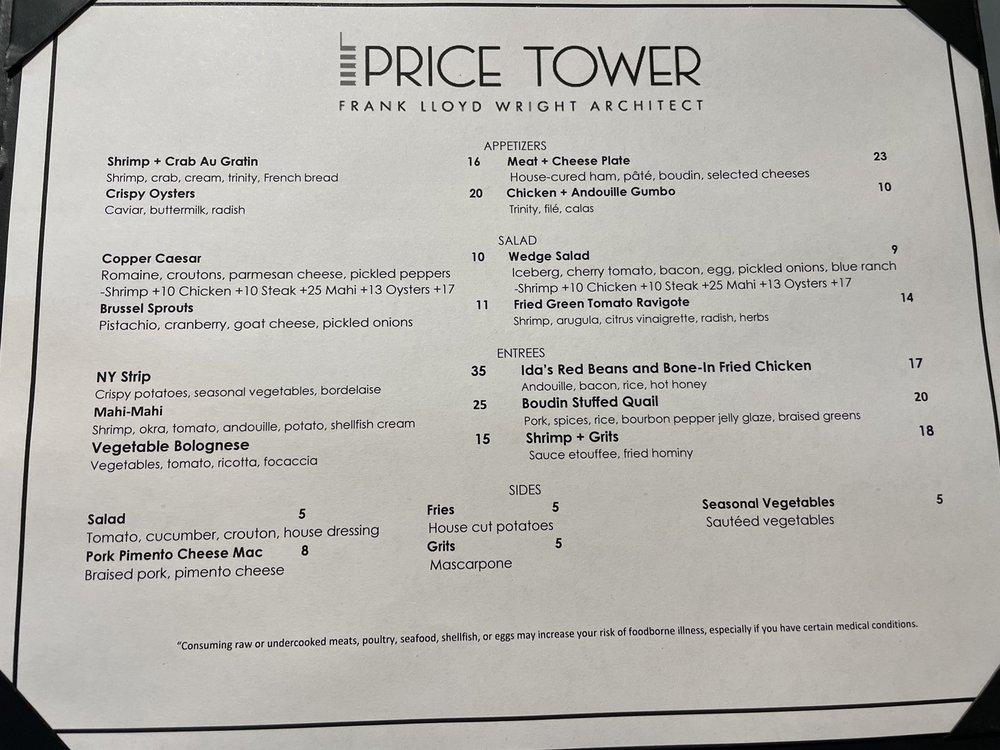 Menu at PRICE TOWER PLAZA pub & bar, Bartlesville