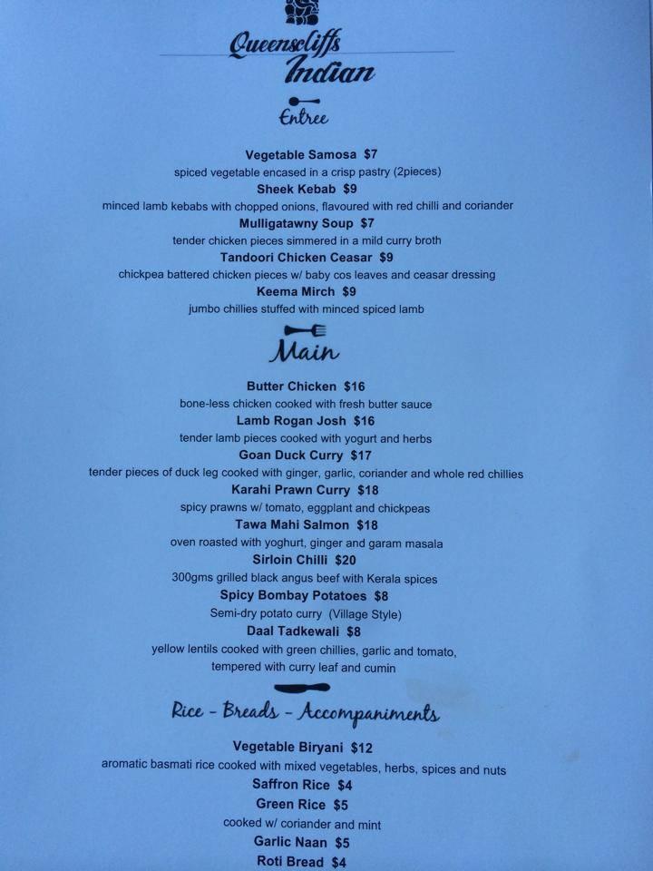 Menu at Queenscliffs Indian - The Monahan Centre restaurant, Queenscliff