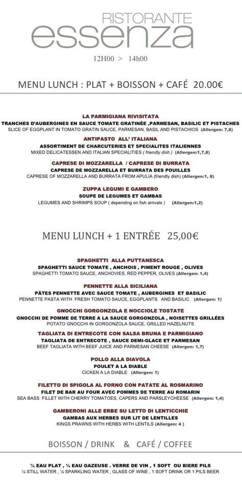 Menu at Ristorante Essenza restaurant, Luxembourg City