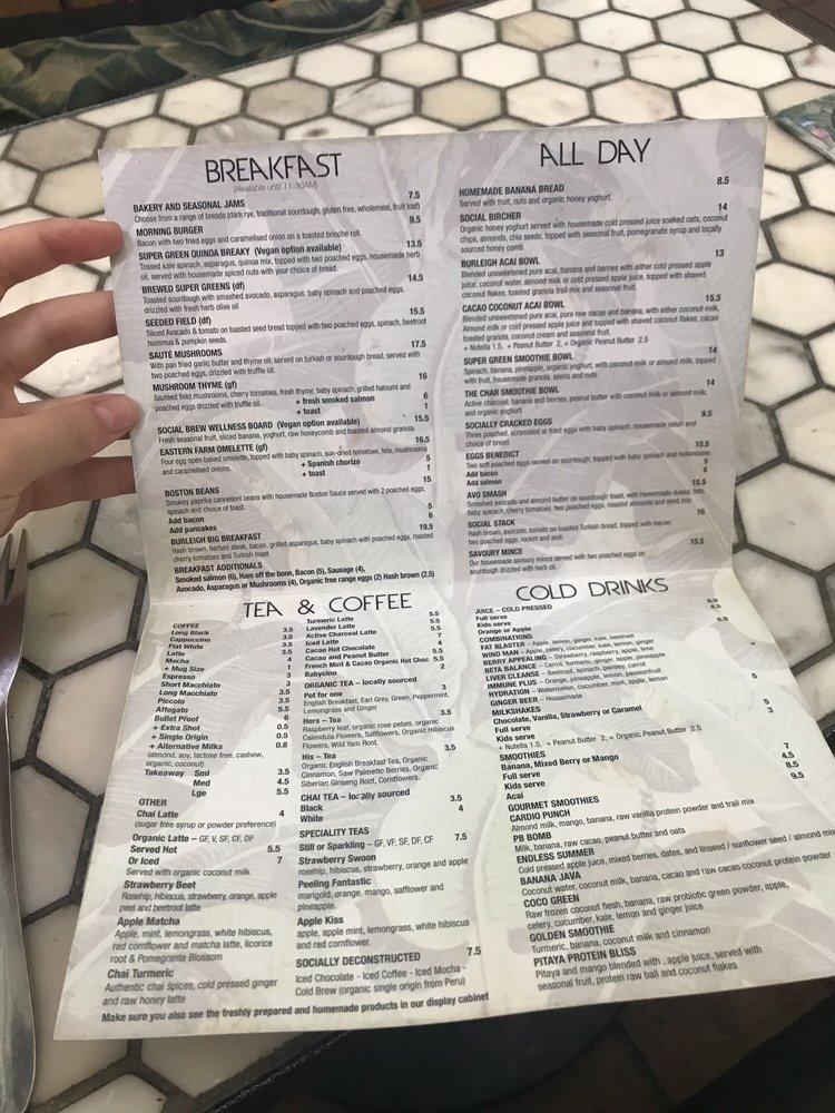 Menu at Social Brew cafe, Burleigh Heads, 34-36 James St