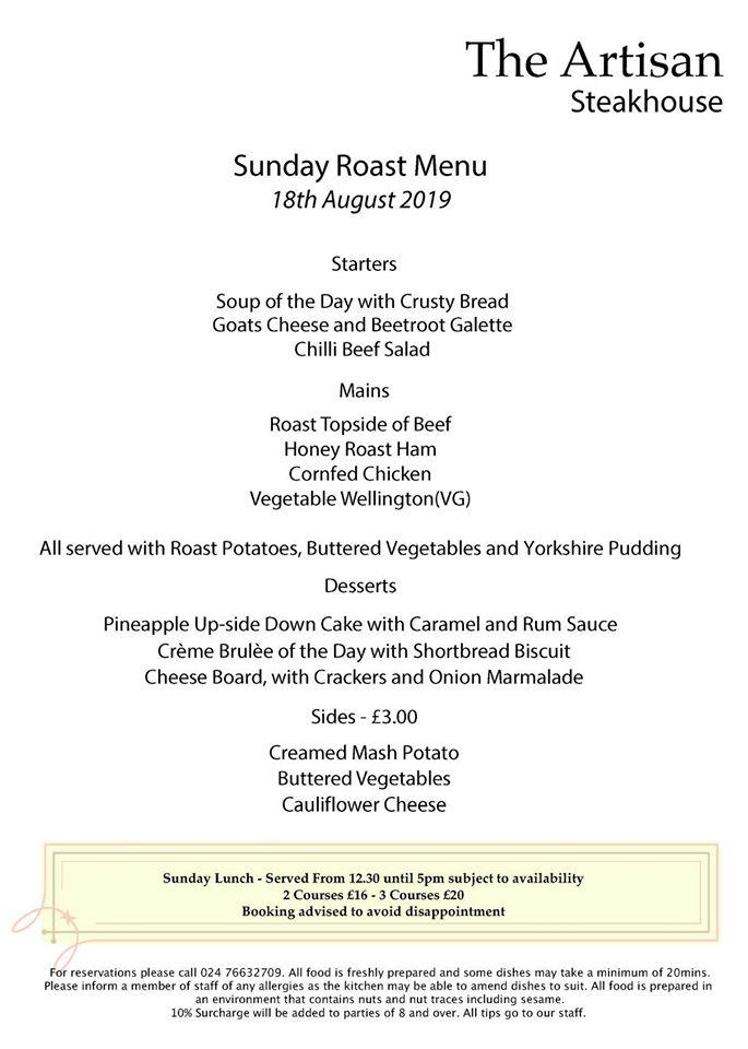Menu at The Artisan Bar and Grill, Coventry