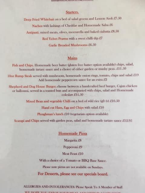 Menu at The Shepherd and Dog Inn pub & bar, Hollesley