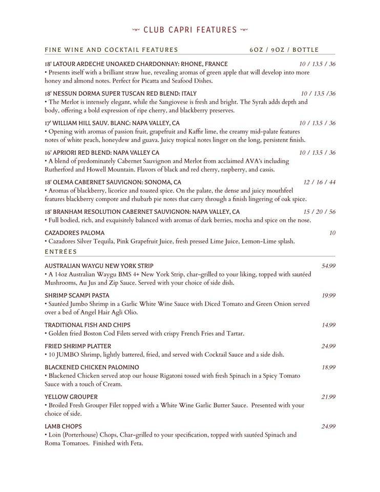 Menu at Club Capri, Clay Township, Dyke Rd