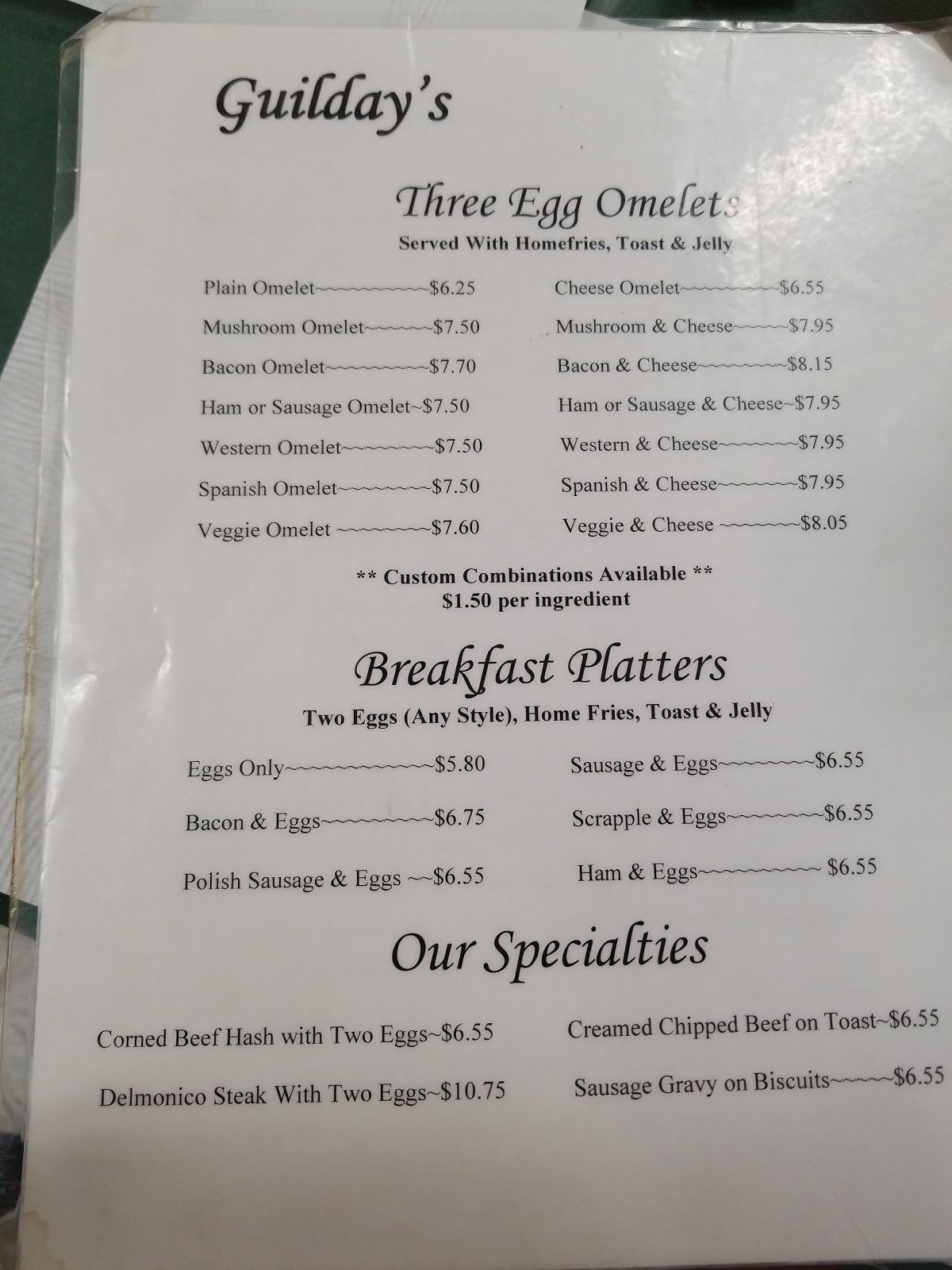 Menu at Guilday's restaurant, Newark
