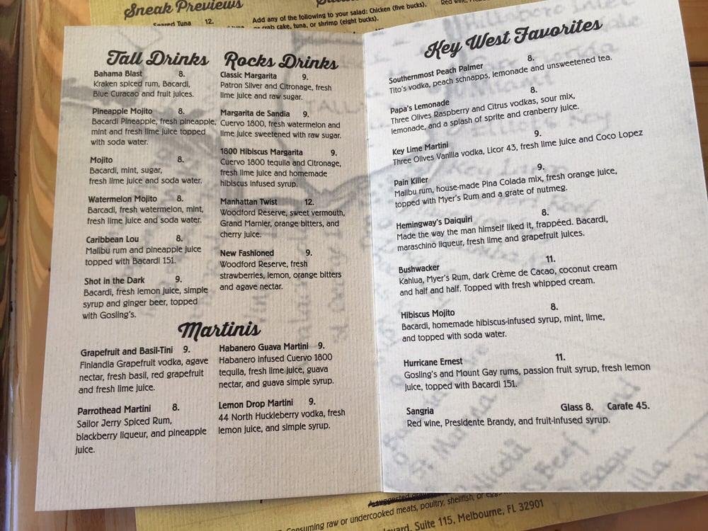 Menu at Hemingway's Tavern restaurant, Melbourne, W Hibiscus Blvd # 115