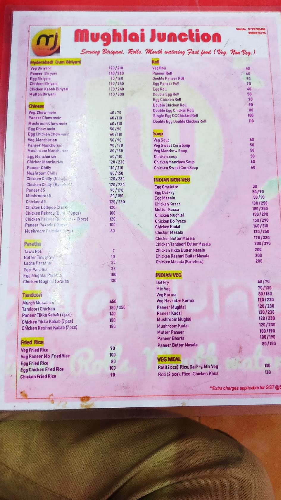 Menu at Mughlai Junction, Sambalpur