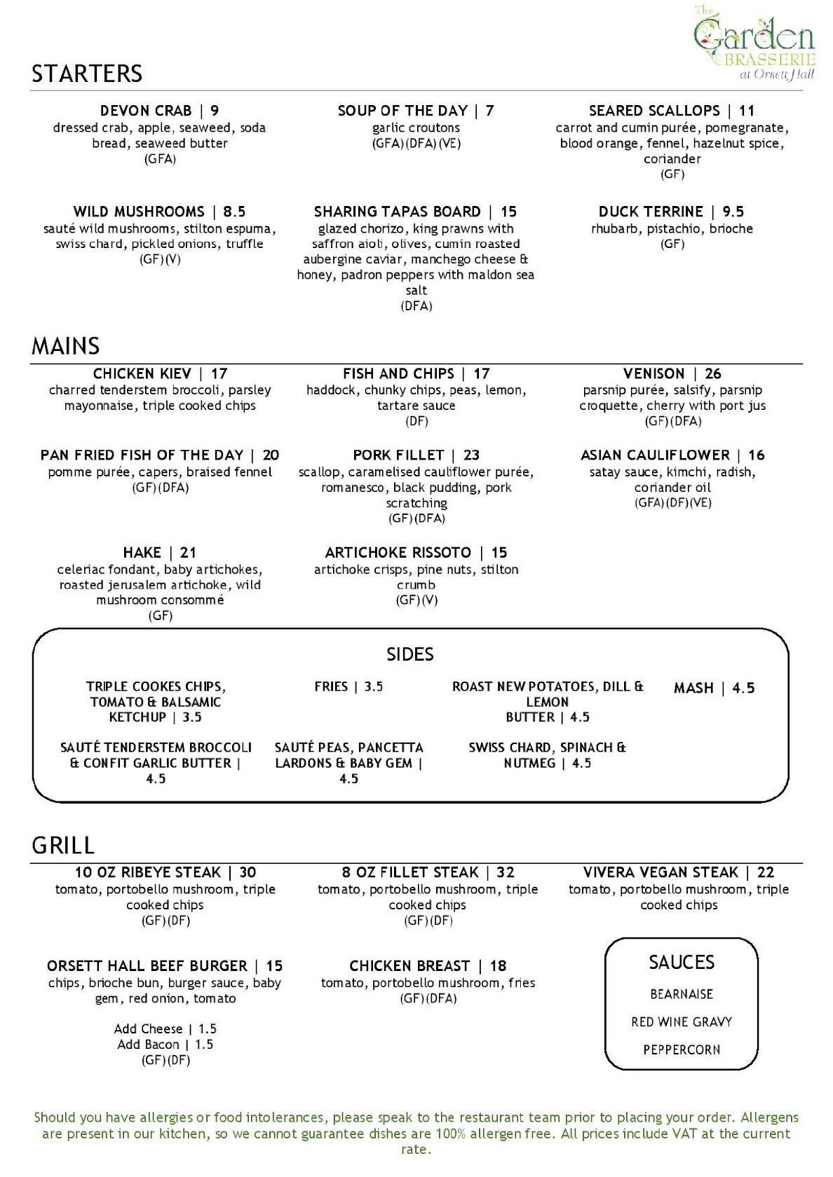 Menu at Orsett Hall Hotel, Restaurant & Spa, Orsett