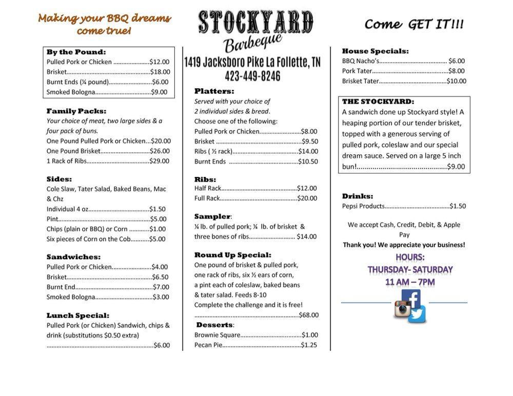 Menu at STOCKYARD BBQ, LaFollette