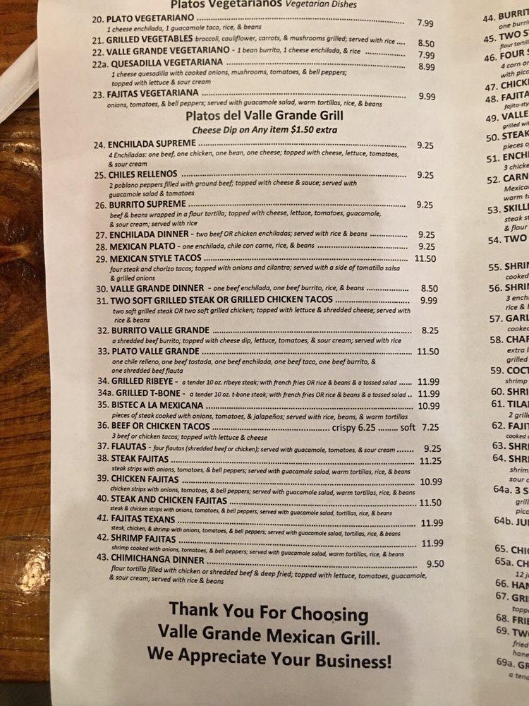 Menu at Valle Grande Mexican Grill restaurant, Maplesville