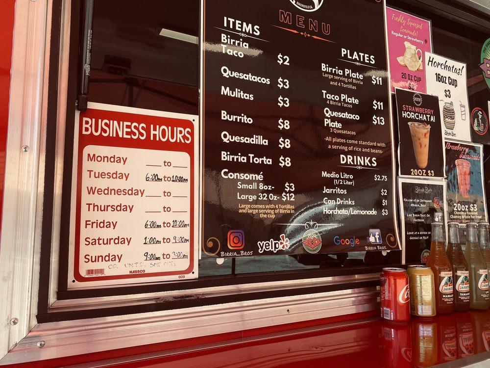 Carta del restaurante Birria Bros, Bakersfield