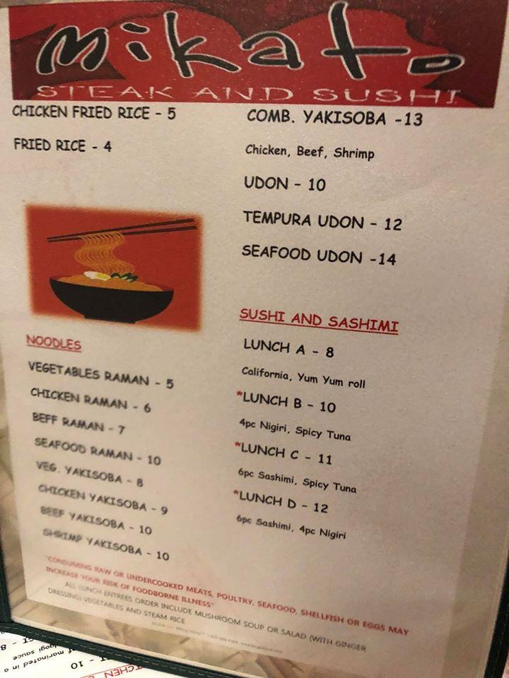 Menu at Mikato Steak and Sushi restaurant, Owensboro, Villa Point #103
