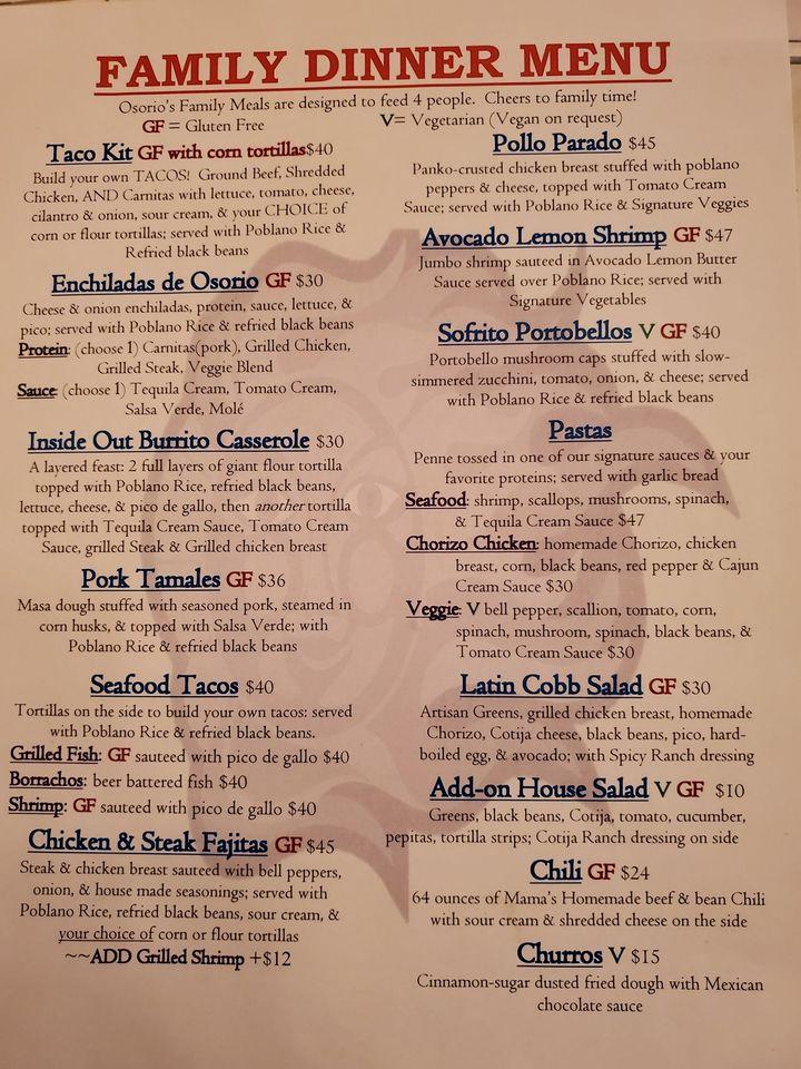 Menu at Osorio's Latin Fusion restaurant, Appleton