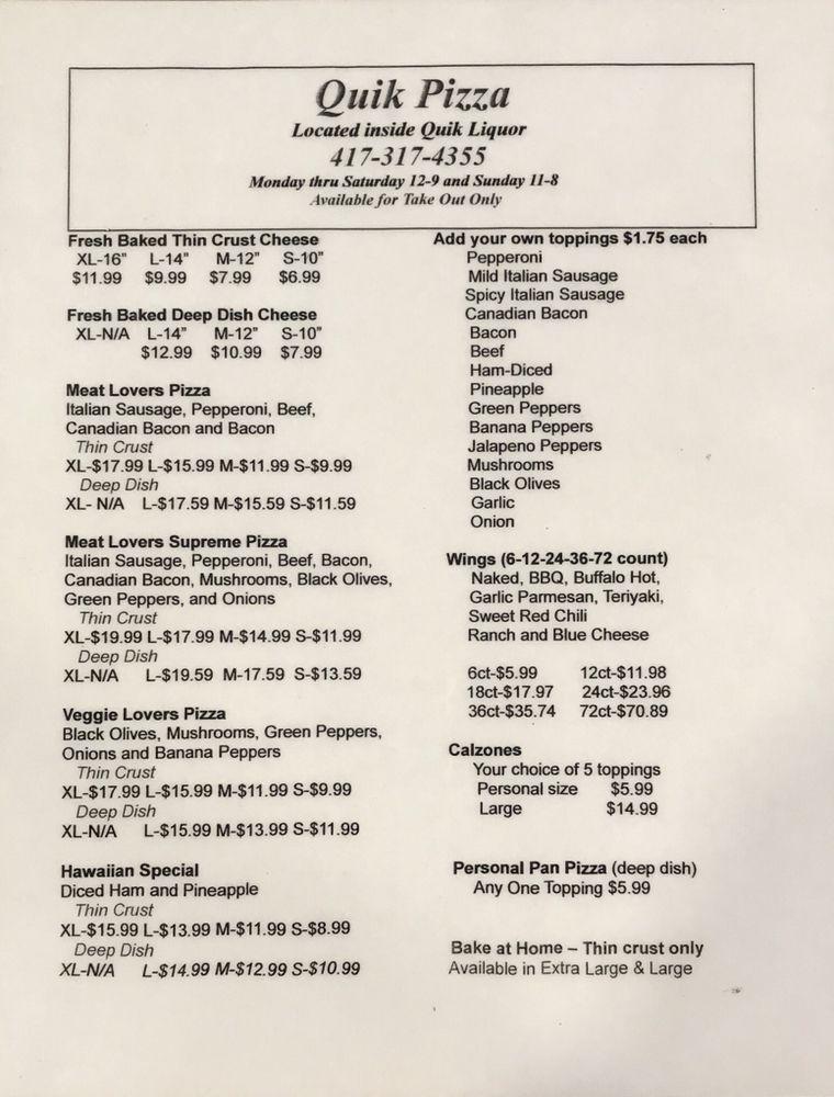Menu at Quik Pizzas pizzeria, Joplin