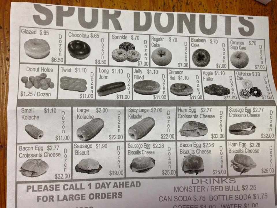 Menu at Spur Donuts cafe, Spur