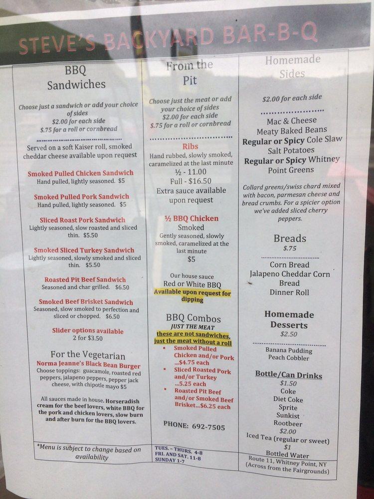 Menu at Steve's Backyard Bar-B-Q, Whitney Point, US-11