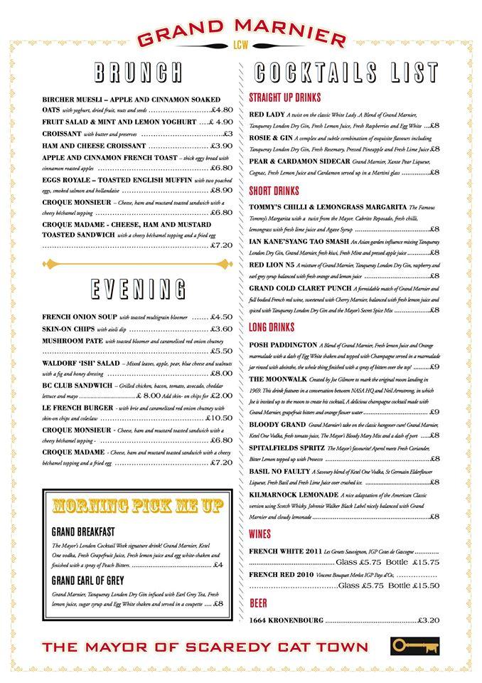 Menu at The Mayor of Scaredy Cat Town pub & bar, London, 12-16 Artillery Ln