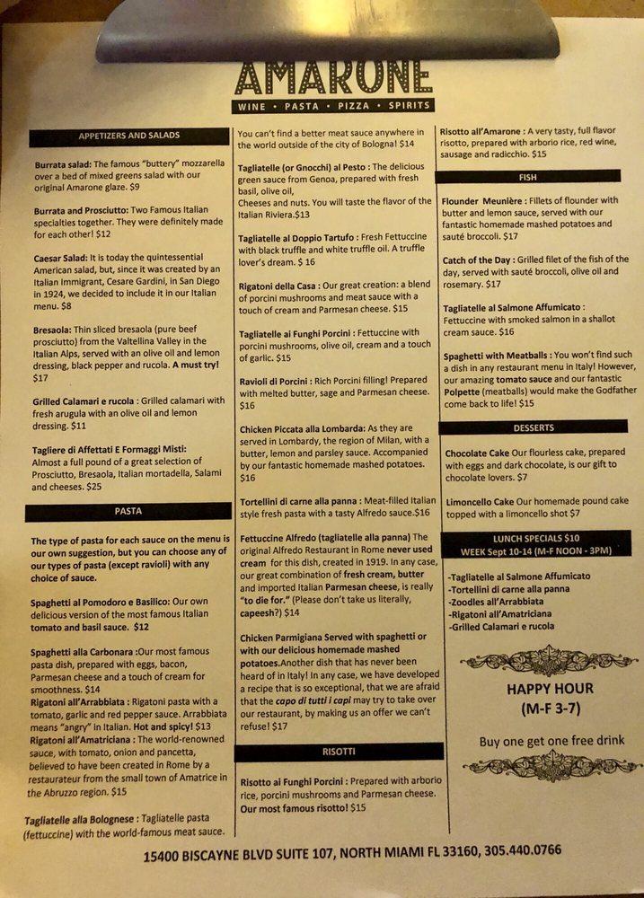 Menu at Amarone pub & bar, Aventura, Biscayne Blvd #107