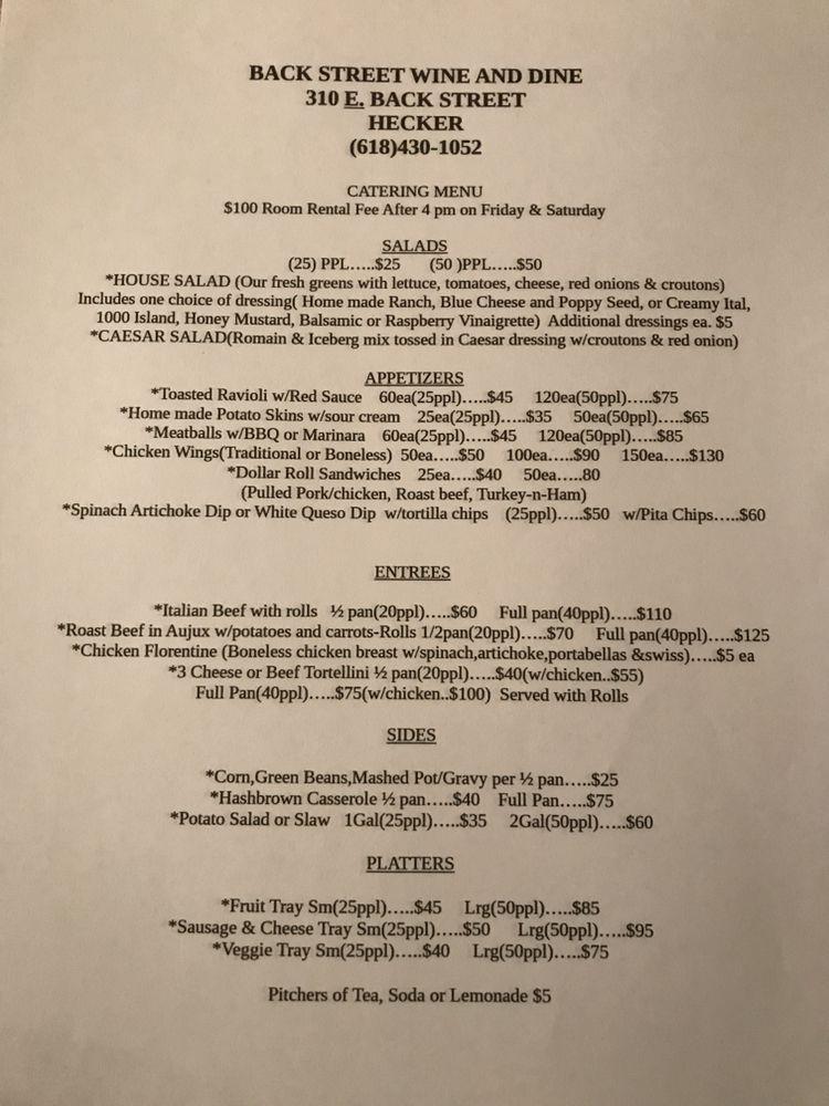 Menu at Backstreet Wine and Dine steakhouse, Hecker
