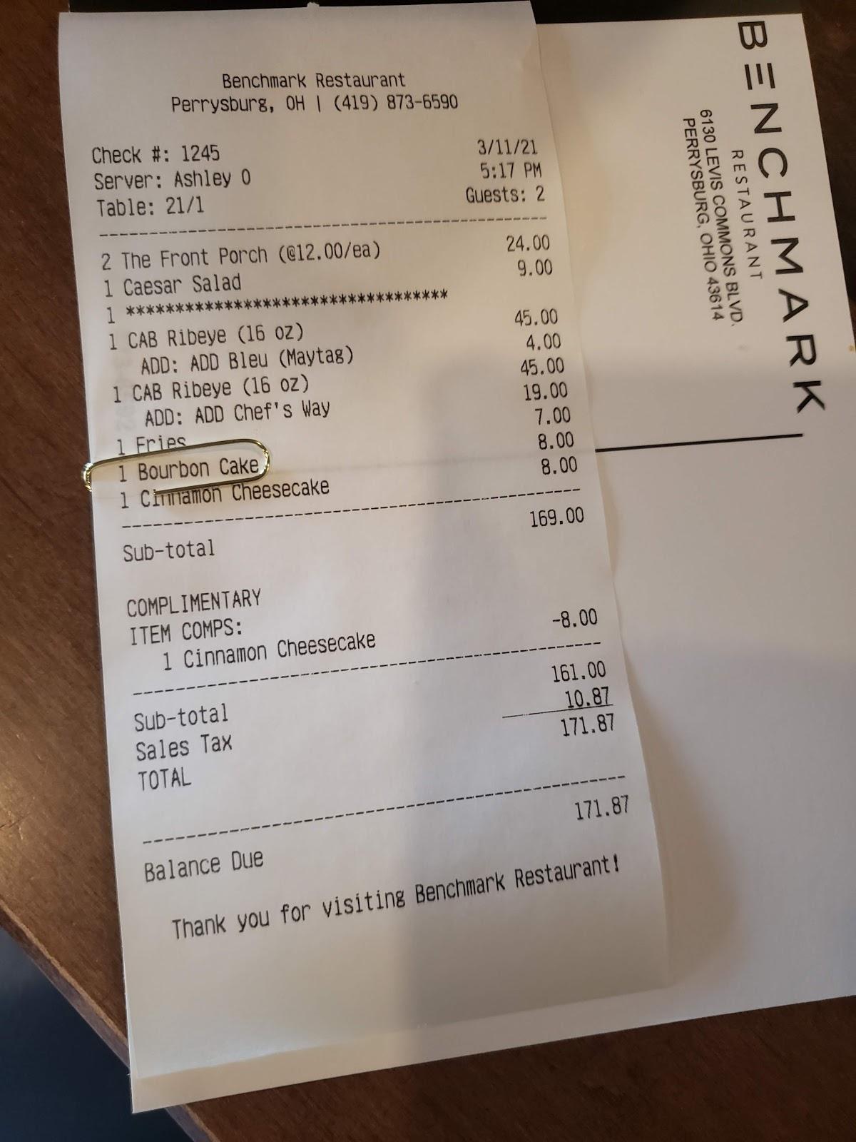 Menu at Benchmark Restaurant, Perrysburg