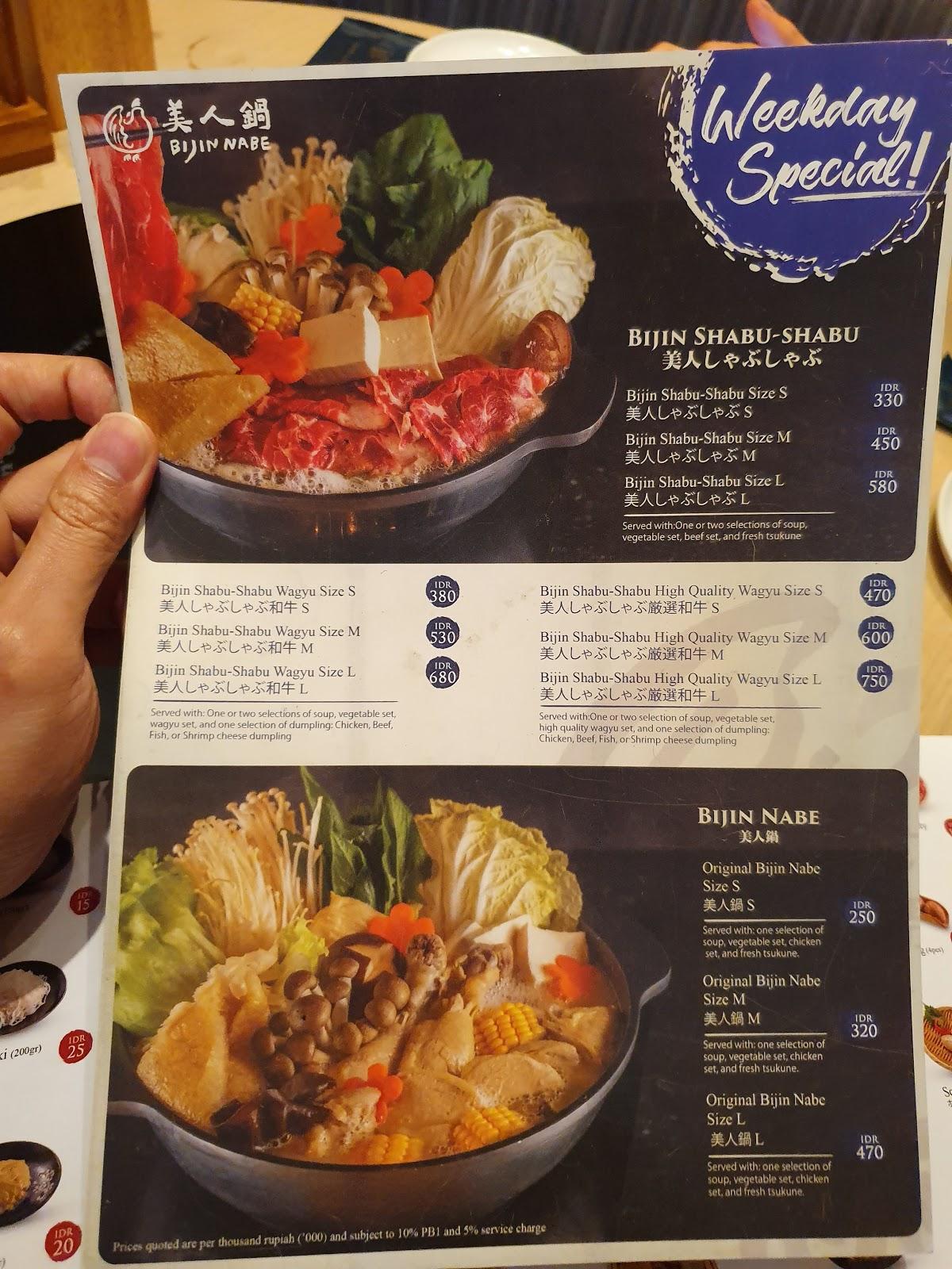 Menu at Bijin Nabe by Tsukada Nojo ID Plaza Senayan restaurant, Jakarta