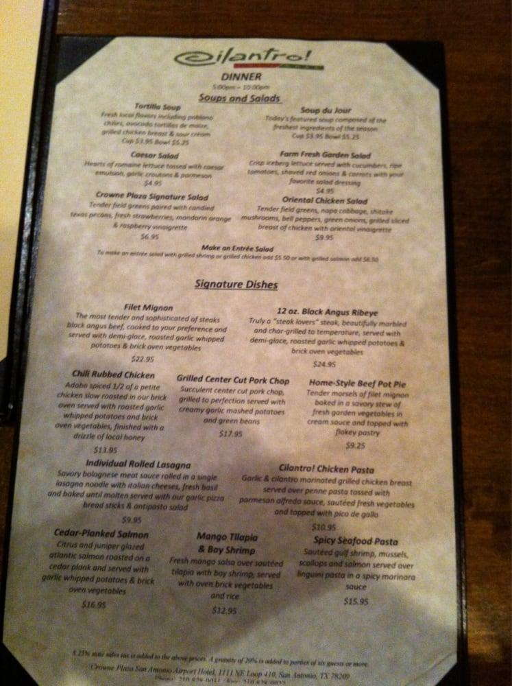 Menu at Cilantro restaurant, San Antonio
