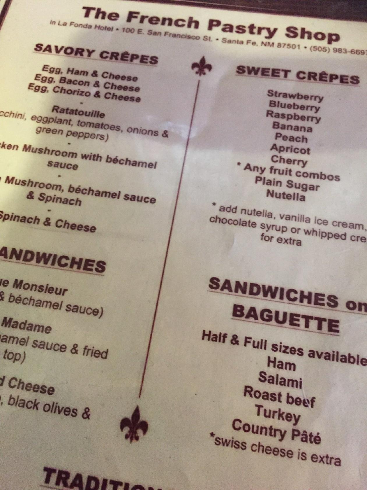 French Pastry Shop Menu