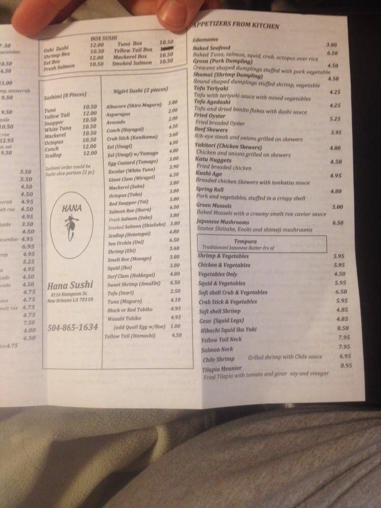 Menu at Hana Japanese Restaurant, New Orleans