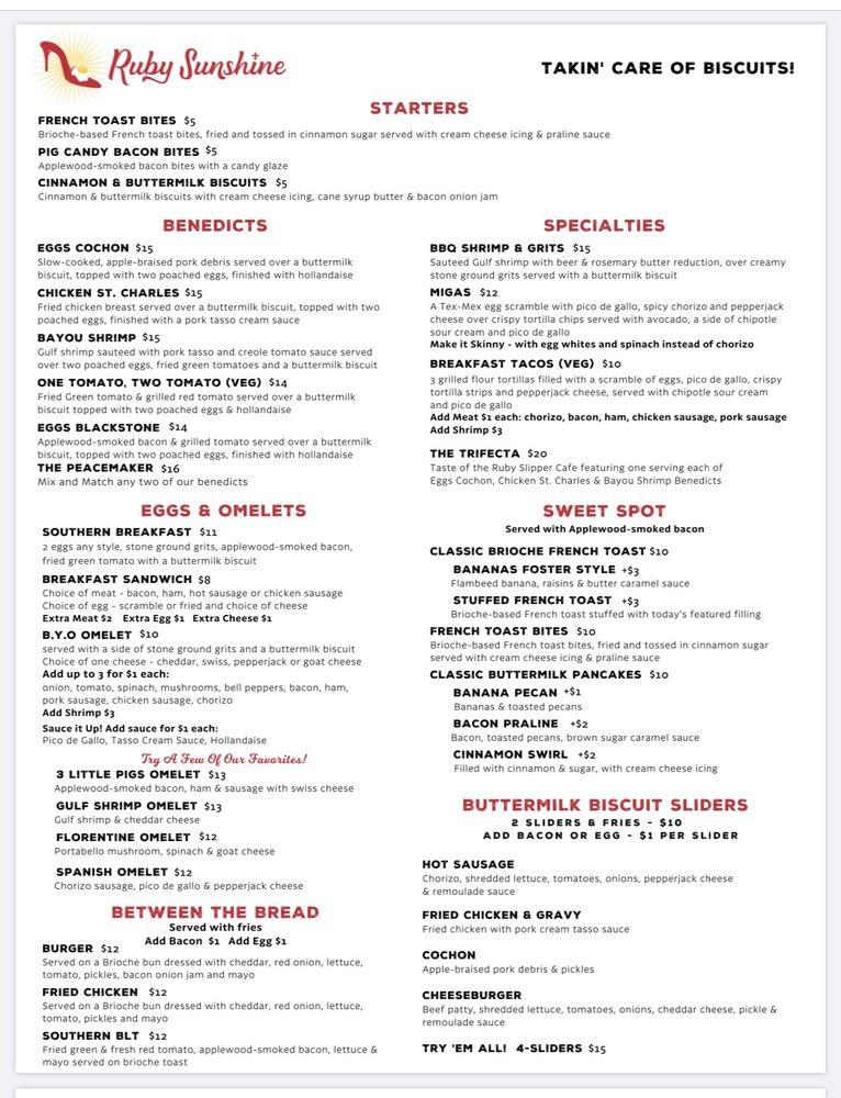 Menu at Ruby Sunshine cafe, Charlotte