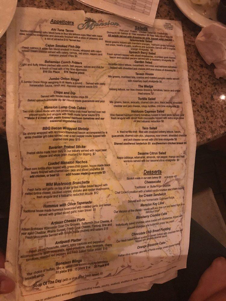 Menu at The Mansion restaurant, Melbourne, E New Haven Ave
