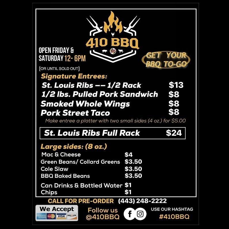 Menu at 410 BBQ, Randallstown