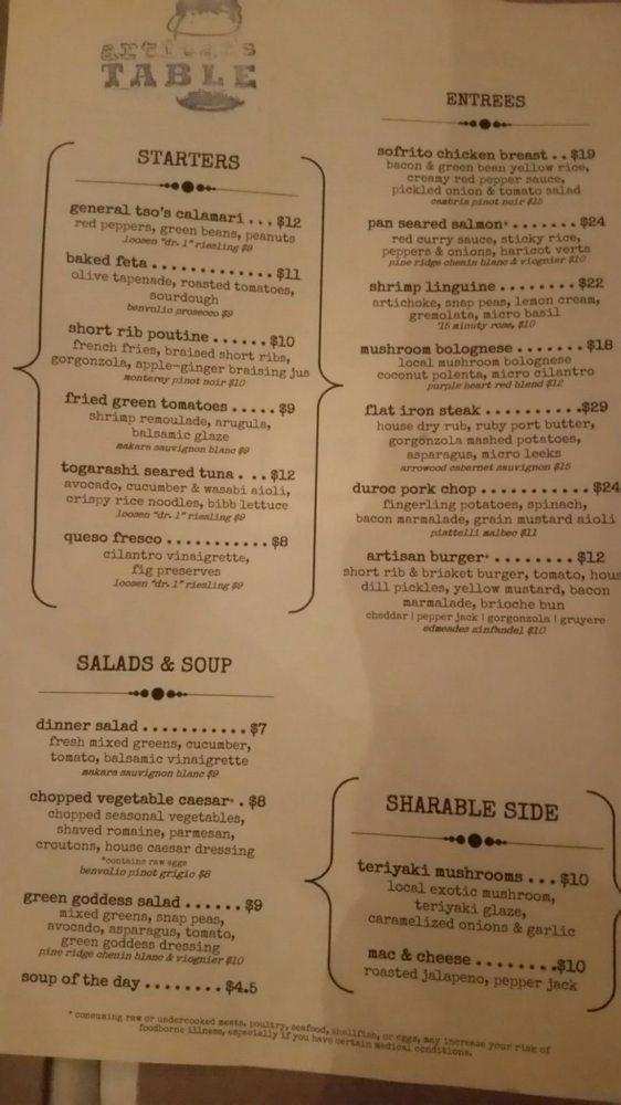 Menu at Artisan's Table restaurant, Orlando