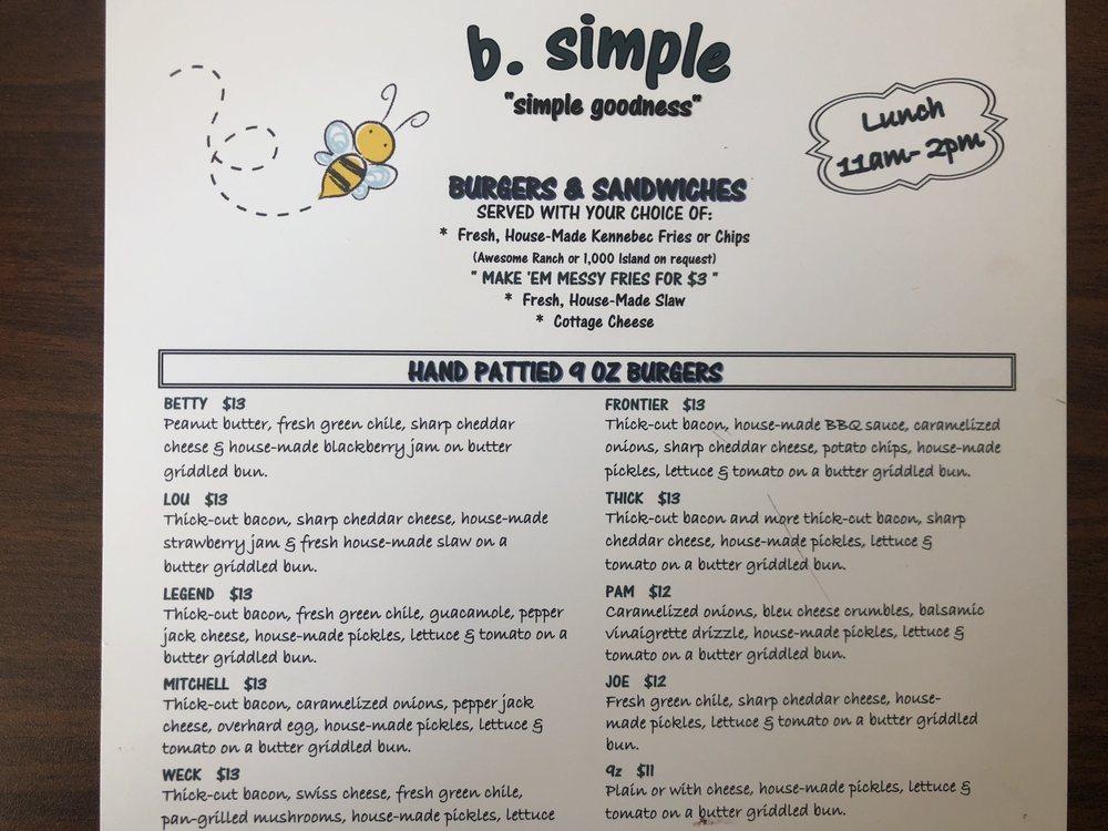 Menu at b. simple restaurant, Prescott