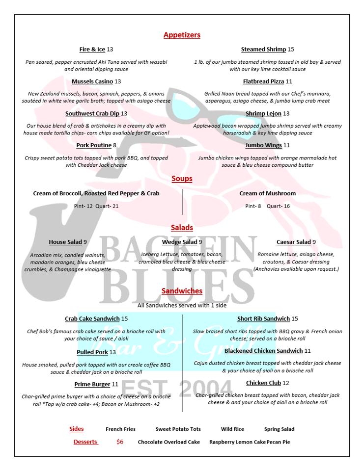 Menu at Backfin Blues Bar & Grill, Port Deposit