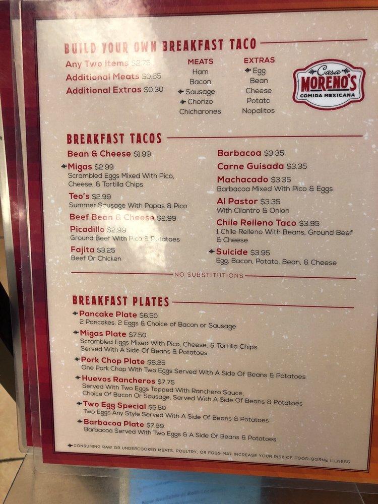 Menu at Casa Moreno's restaurant, Austin, E Ben White Blvd