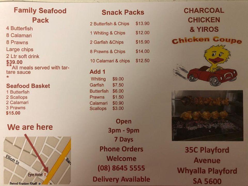 Menu at Chicken Coupe Whyalla fast food, Whyalla Playford
