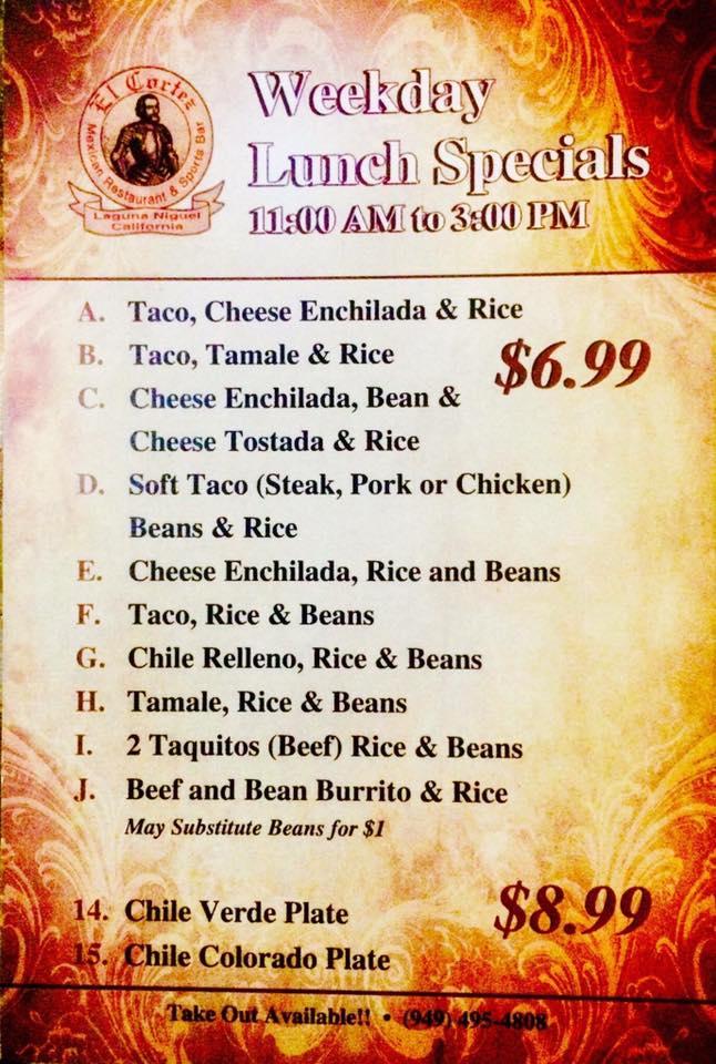 Menu at El Cortez Mexican Restaurant, Laguna Niguel