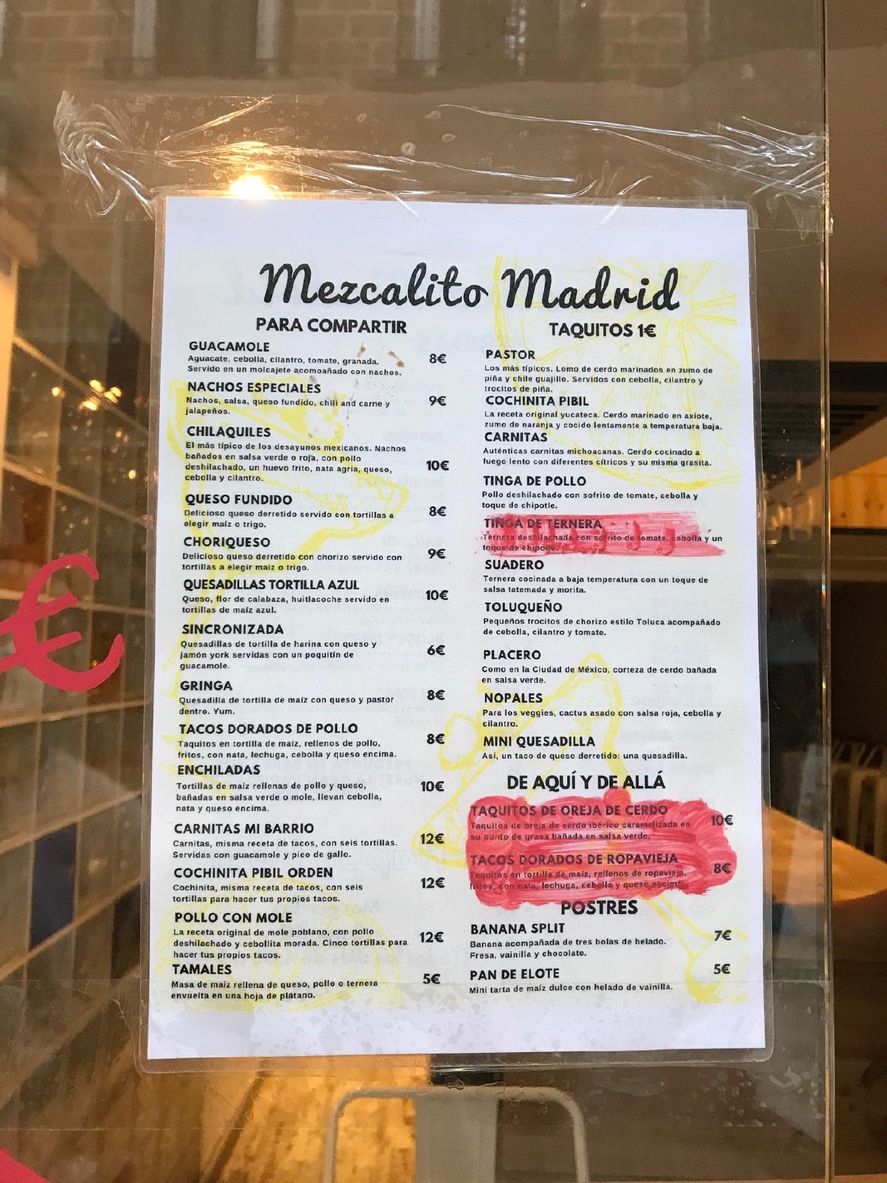 Carta del restaurante El mezcalito, Madrid