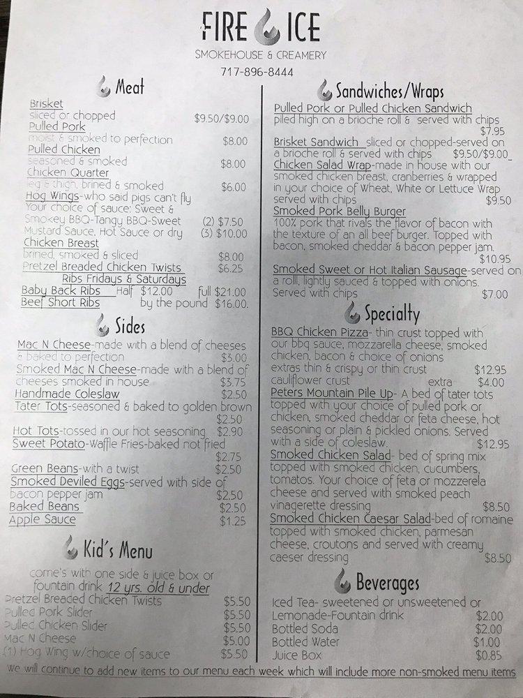 Menu at Fire & Ice Smokehouse & Creamery BBQ, Halifax