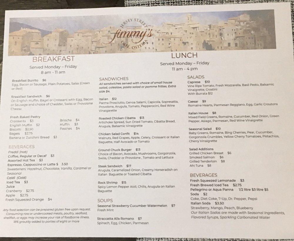 Menu at Jimmy's Jersey Street Cafe, Denver