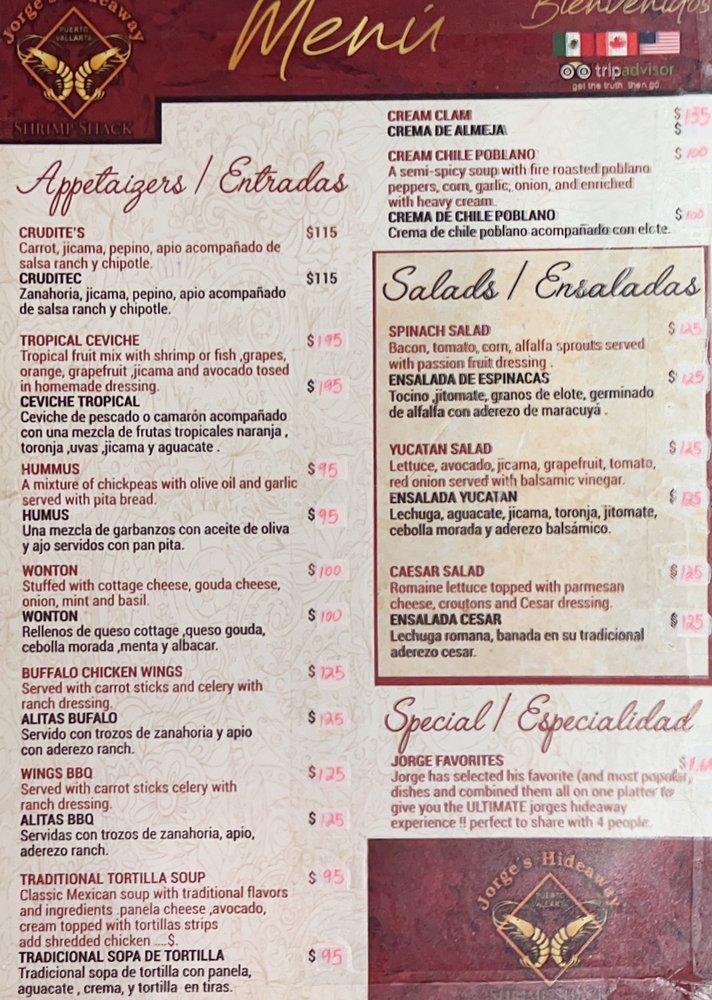 Menu at Jorges Hideaway Shrimp Shack restaurant, Puerto Vallarta
