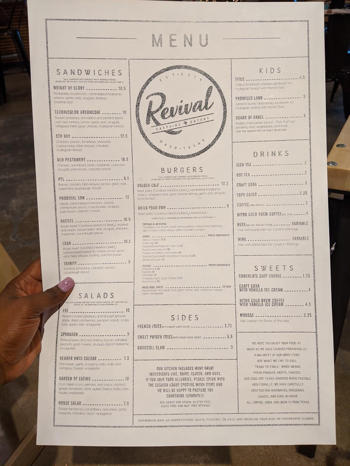 Menu at Revival Eastside Eatery restaurant, Waco