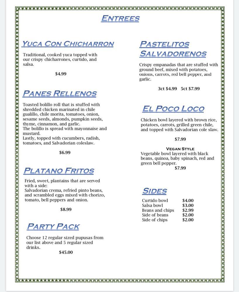Menu at Selena's Salvadorian Restaurant, Tucson