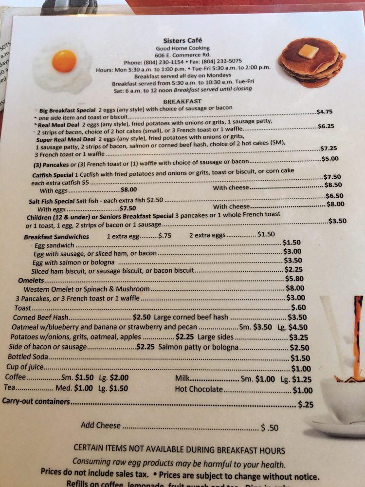 Menu at Sisters Cafe, Richmond