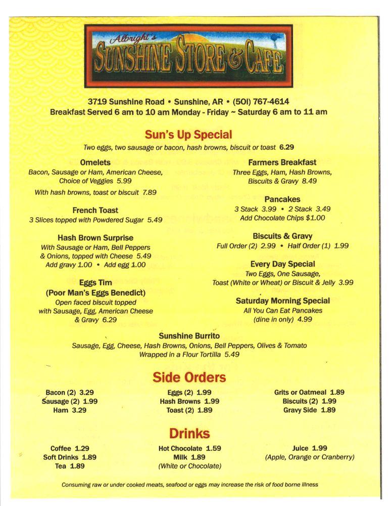 Menu at Sunshine Store & Cafe, USA, Sunshine Rd