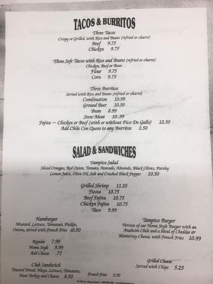 Menu at Tampico Spanish Inn restaurant, Midland
