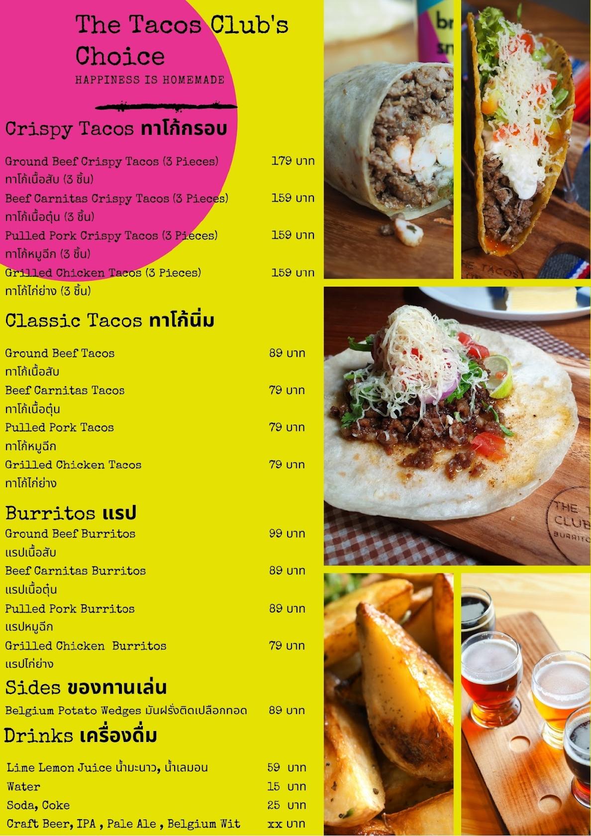 Menu at The Tacos Club, Bangkok