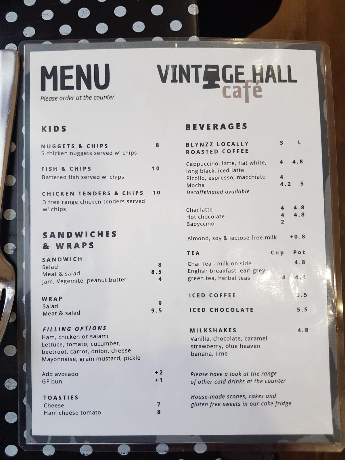 Menu at Vintage Hall Cafe, Glenrowan